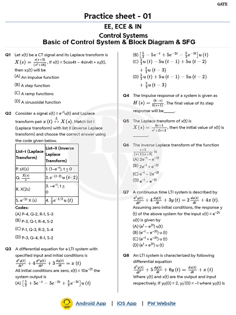 Basic of Control System & Block Diagram and SFG: Practice Sheet 01 | PDF | Laplace Transform ...