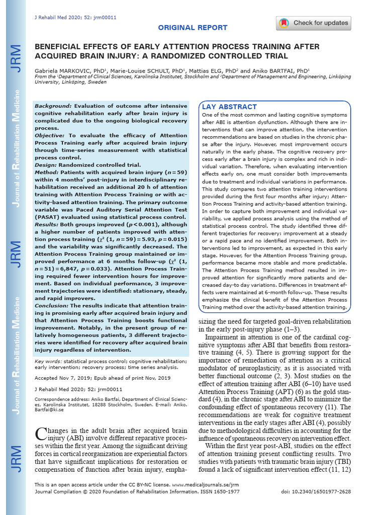 Early Attention Training Post Brain Injury | PDF | Attention | Sampling ...