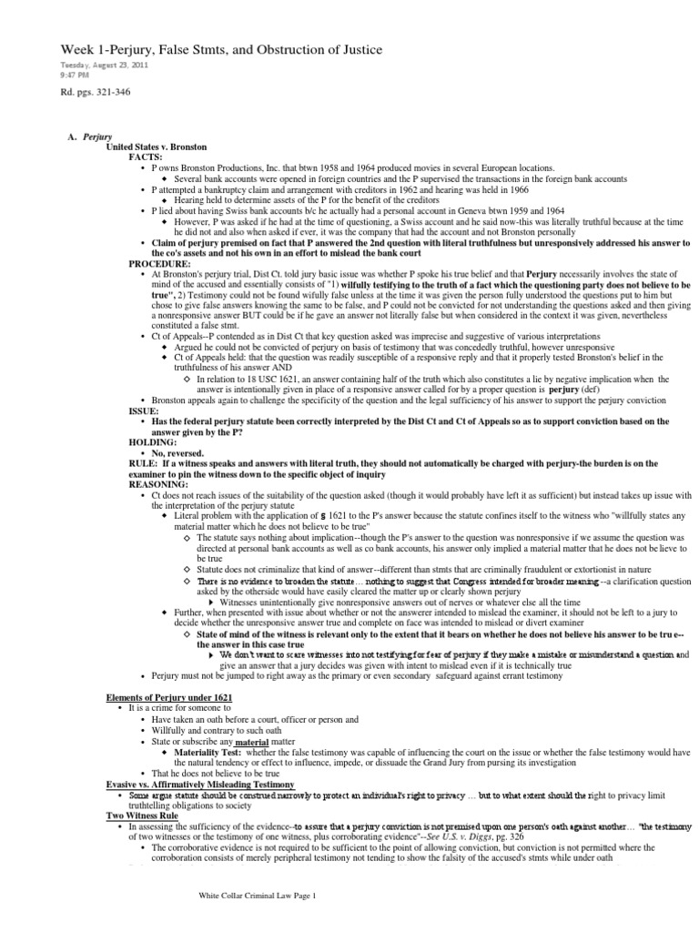 White Collar Crime Notes 2011 | PDF | Perjury | Mens Rea