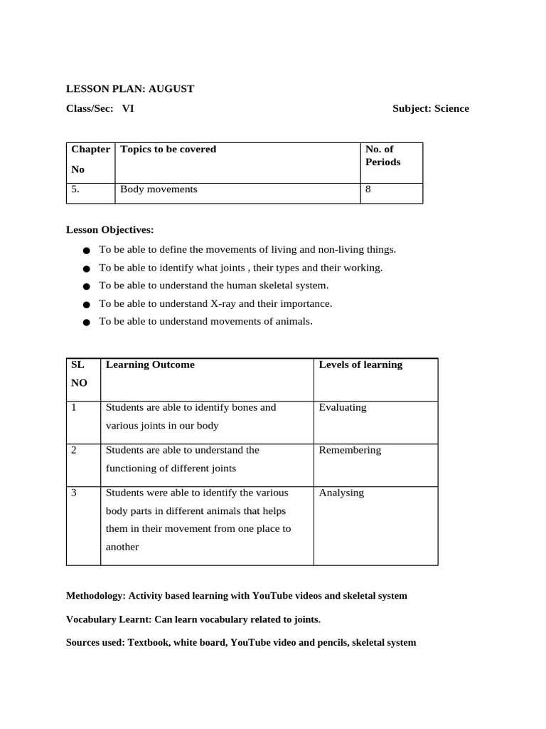 Body Movements - Science - Grade 6 | PDF | Joint | Education Theory