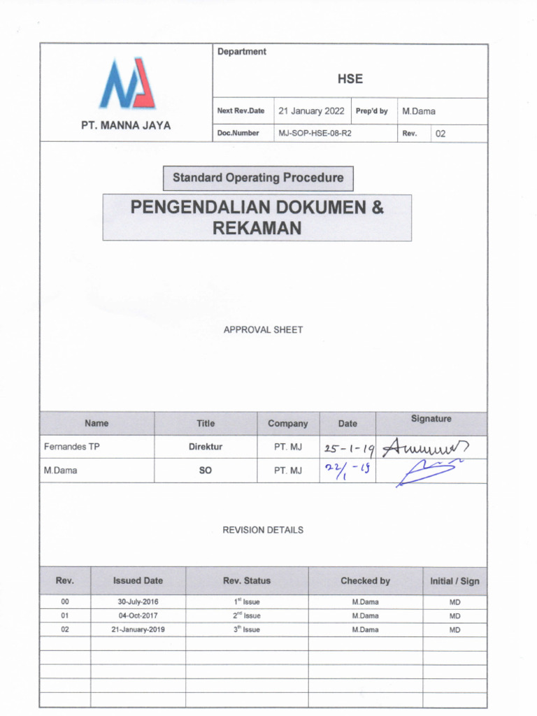 Pengendalian Dokumen SOP HSE PT Manna Jaya | PDF