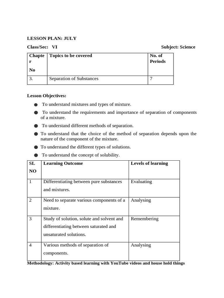 Science Lesson Plan: Mixtures & Separation | PDF | Mixture | Solubility