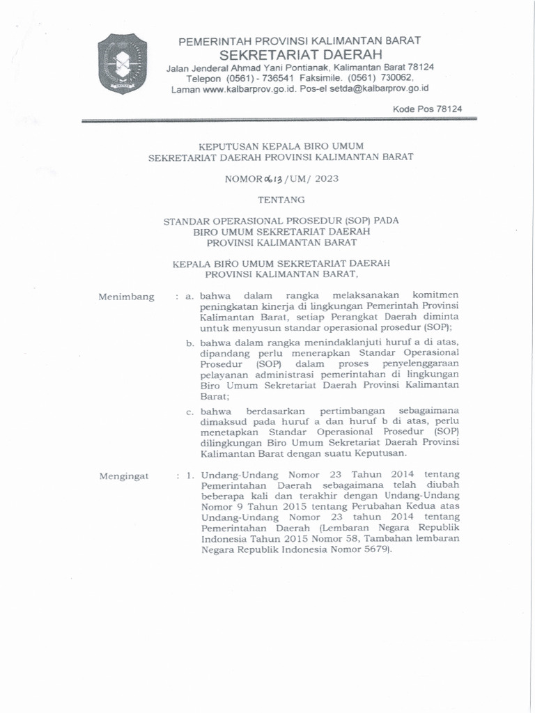 SK Tim Kerja Dan Sop Biro Umum Setda Prov Kalbar Tahun 2023 | PDF