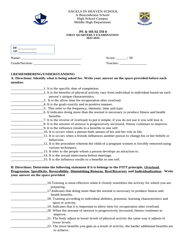 PE AND HEALTH 8 - 1st Quarter Exam | PDF | Psychology | Social Psychology