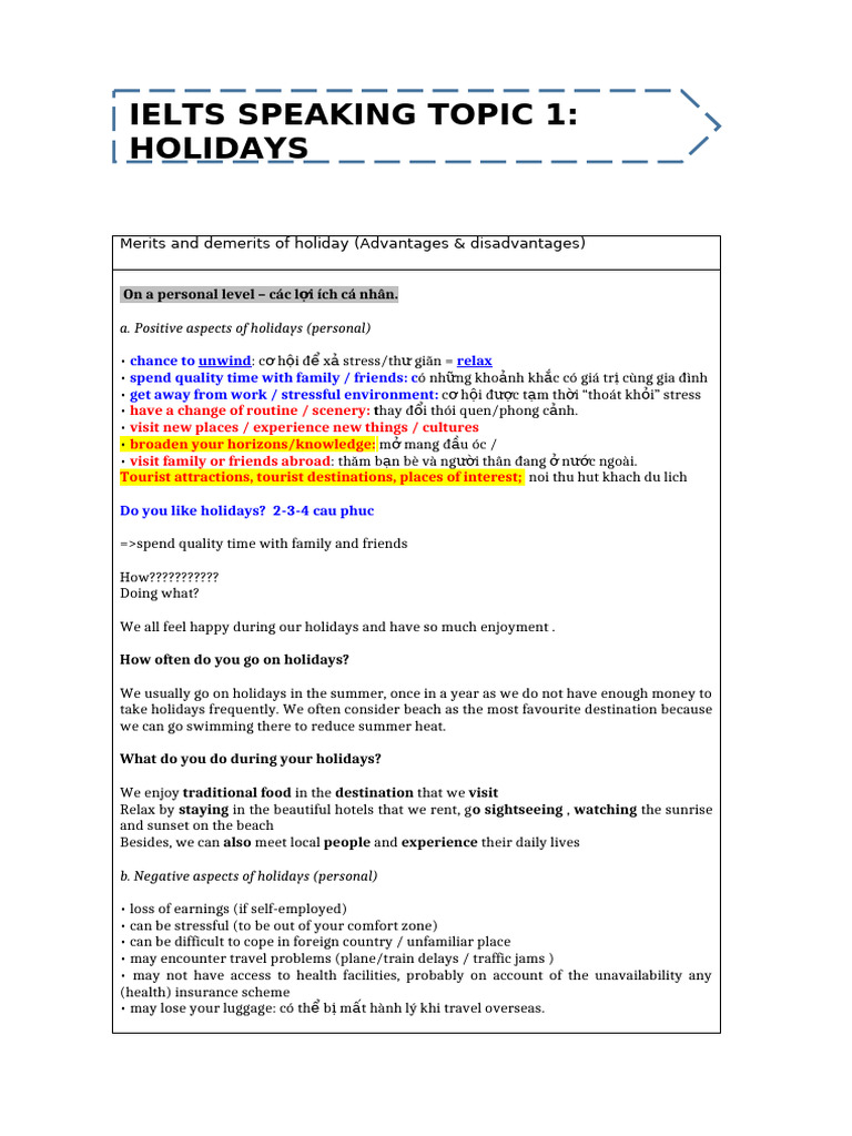 IELTS SPEAKING TOPIC 1.holiday | PDF | Tourism