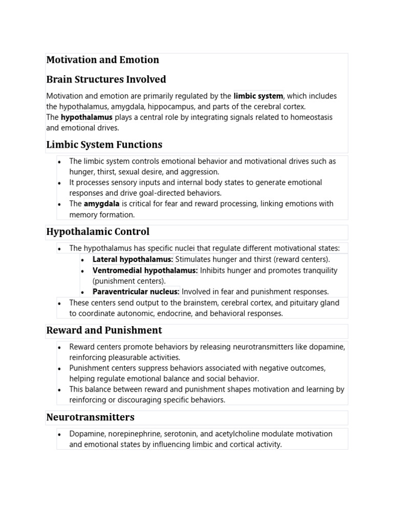 Motivation, Emotions, Memory Limbic System | PDF | Memory | Hypothalamus