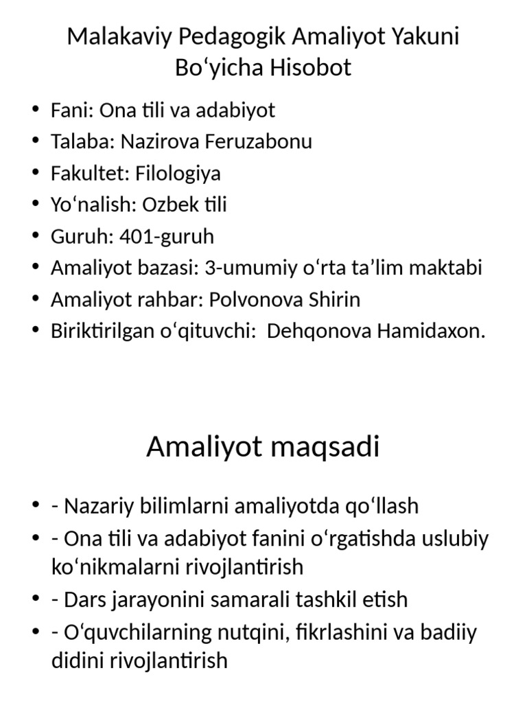 Pedagogik Amaliyot Hisobot | PDF