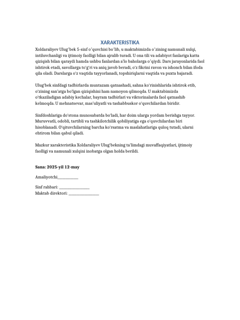 Xarakteristika Xoldaraliyev Ulugbek | PDF