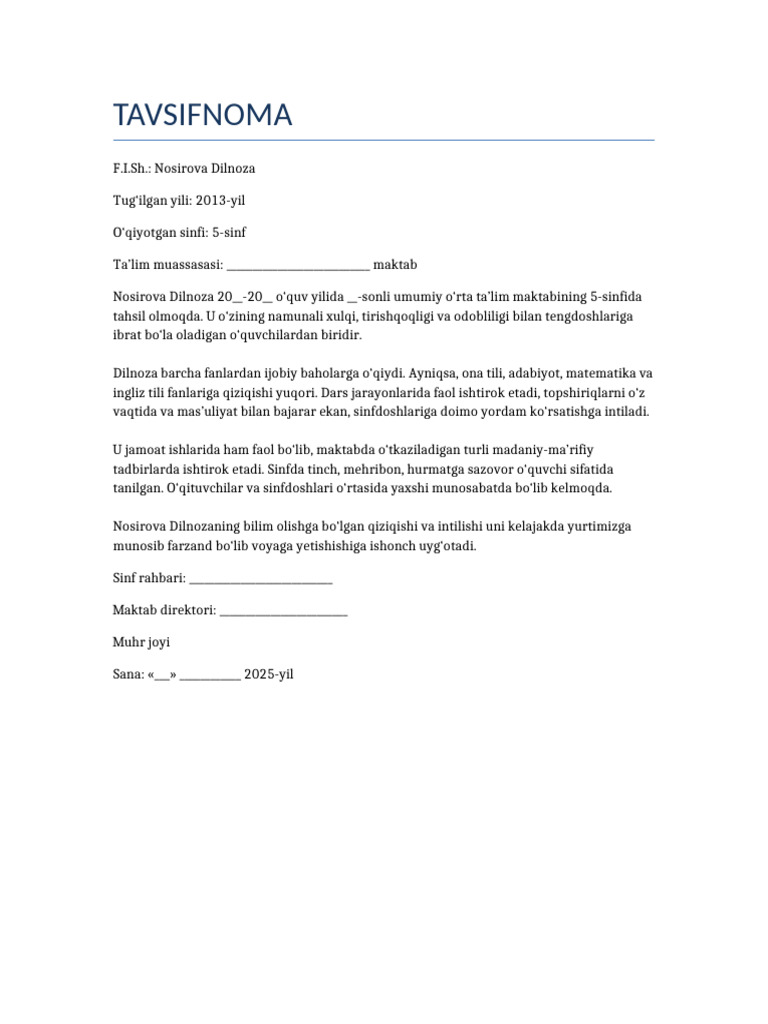 Tavsifnoma_Nosirova_Dilnoza | PDF