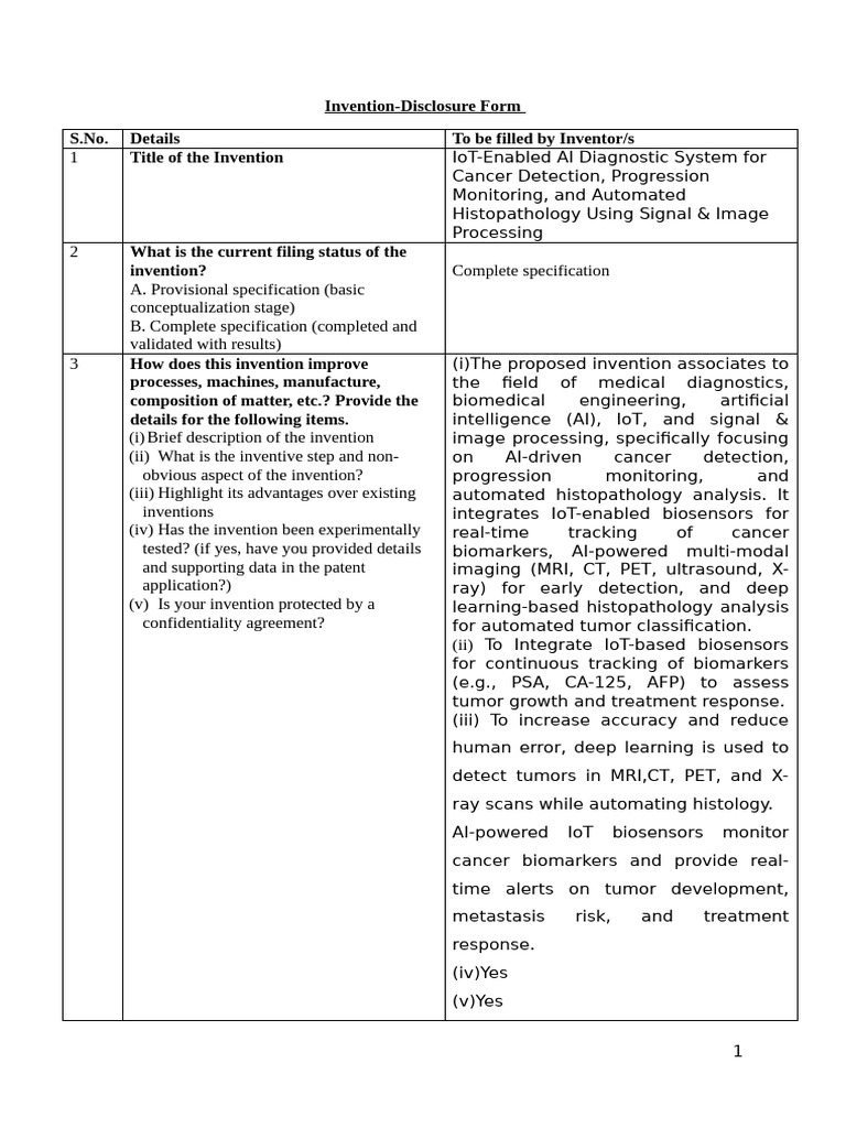 Invention Disclosure: AI Cancer Detection System | PDF | Invention ...