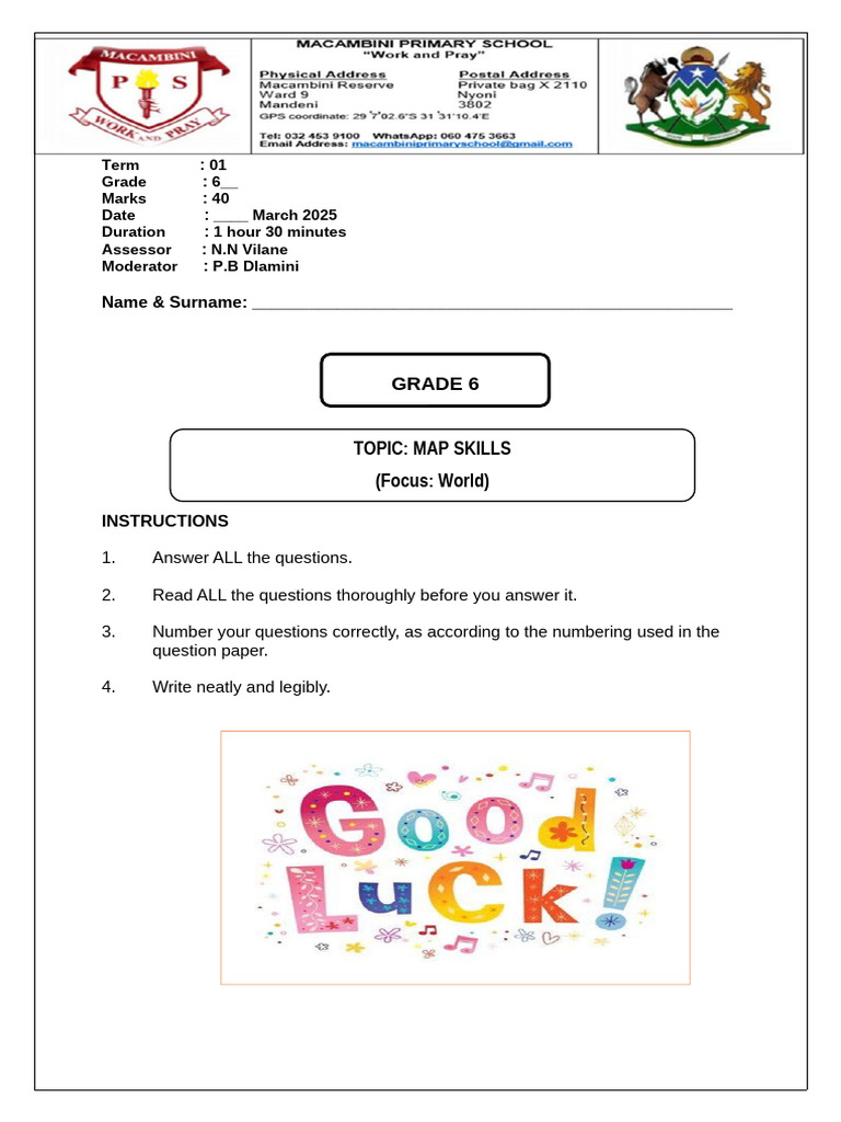 Grade 6 Geography Exam: Map Skills | PDF | Map | Longitude