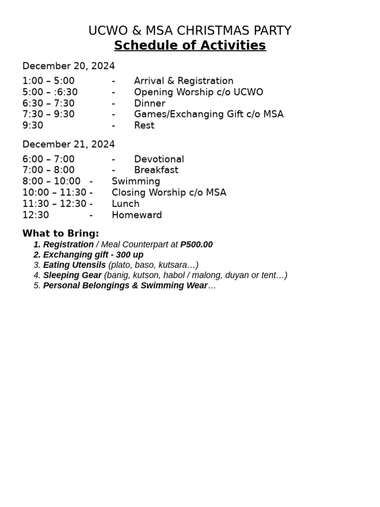 Schedule of Activities UCWO MSA X Mas Party | PDF