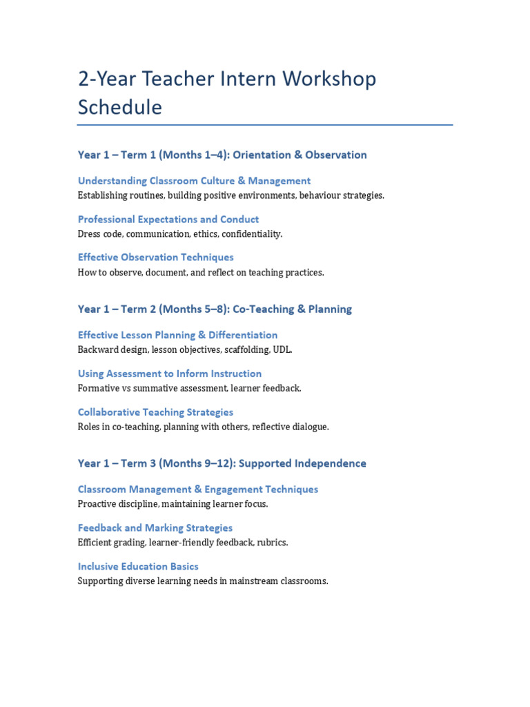 2 Year Teacher Intern Workshop Schedule | PDF
