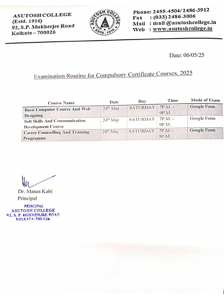 Examination Routine For Compulsory Certificate Courses, 2025 | PDF