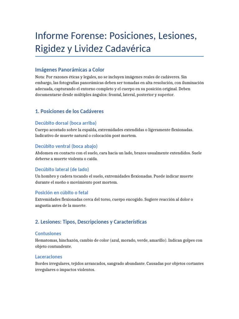 Informe Forense Posiciones Lesiones Rigidez Lividez | PDF