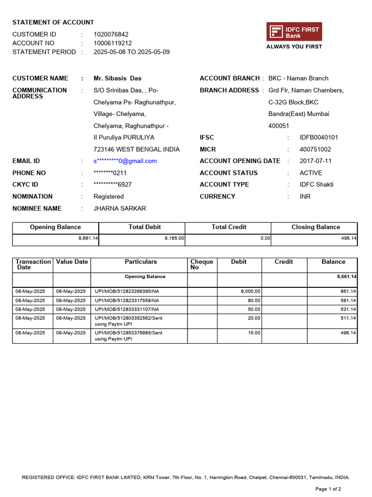 IDFCFIRSTBankstatement 10006119212 201756345 | PDF | Credit Card | Banks