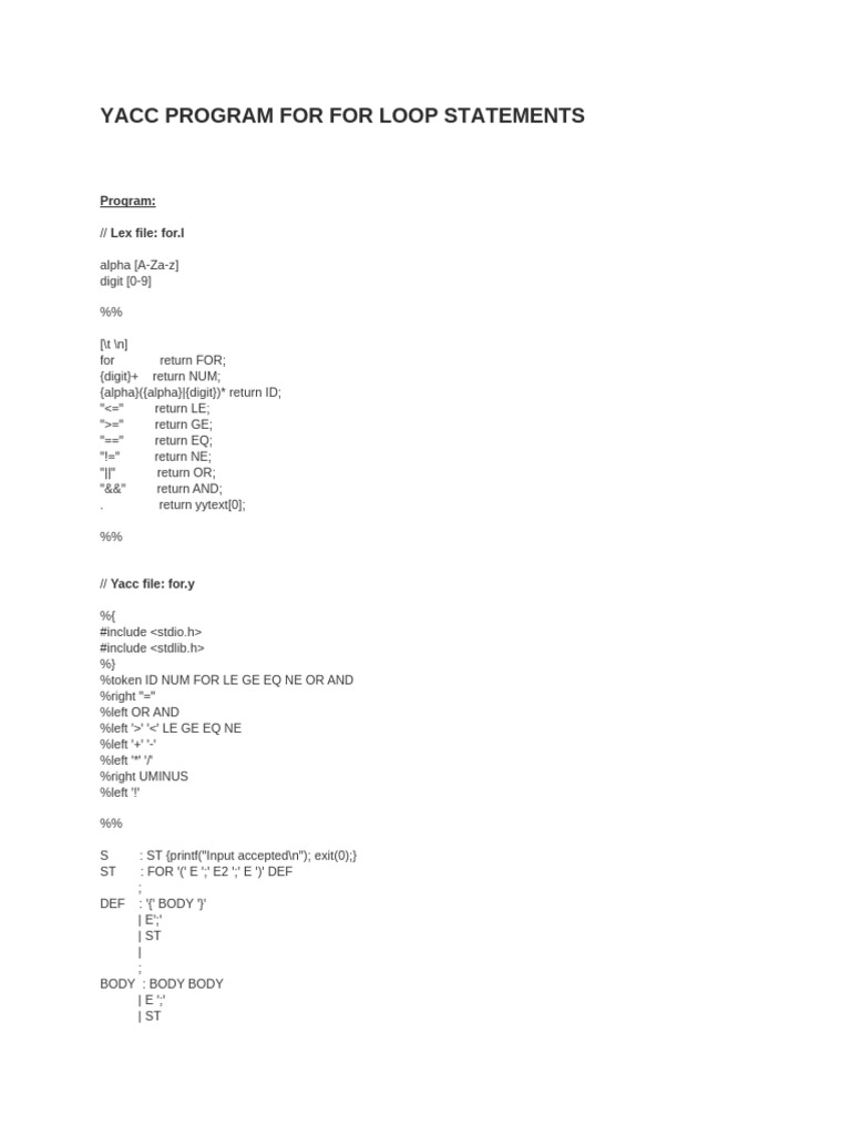 YACC program for FOR LOOP STATEMENTS | PDF