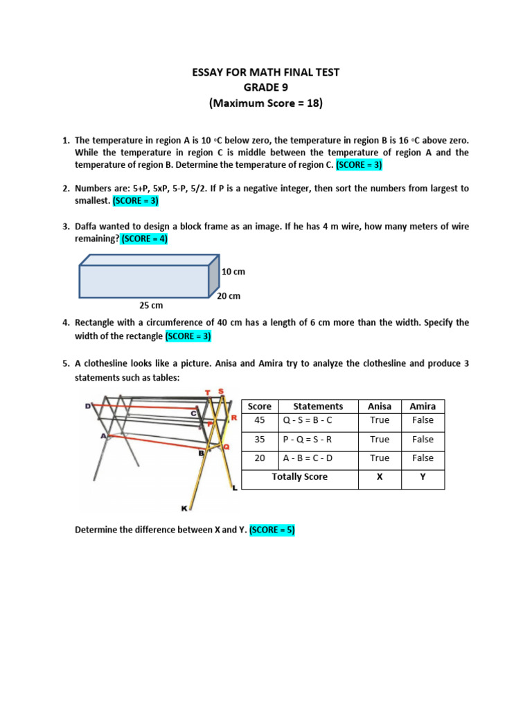 Grade 9 Math Final Test Questions | PDF