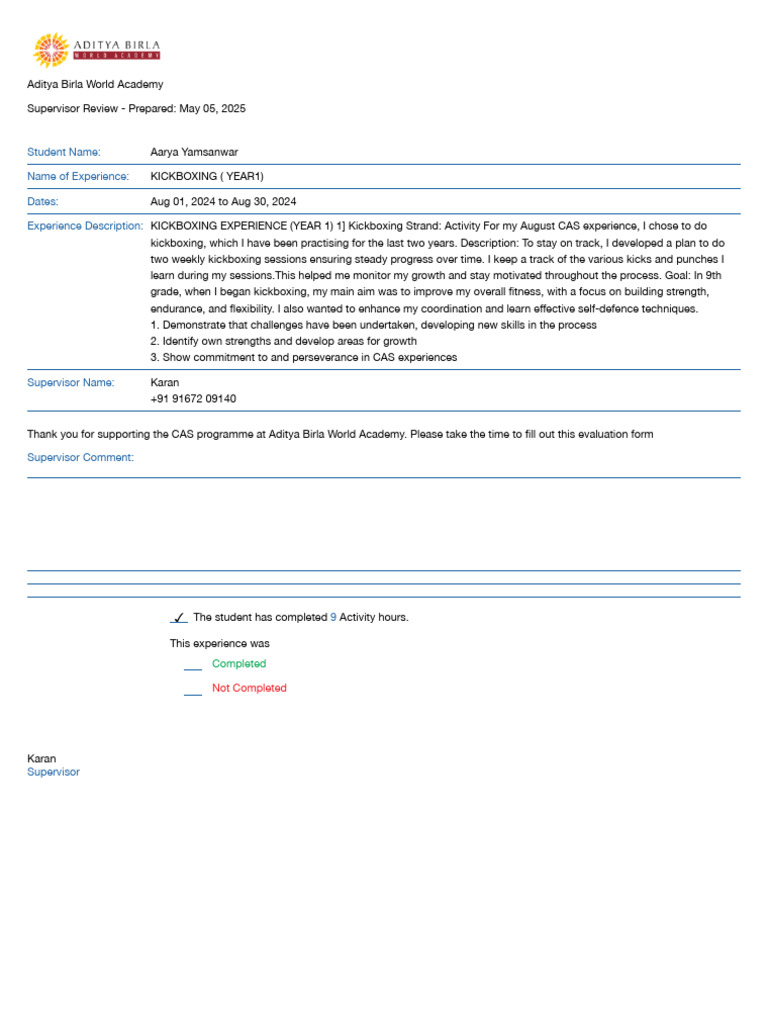 CAS Completion Form - Yamsanwar Aarya - KICKBOXING YEAR1 | PDF