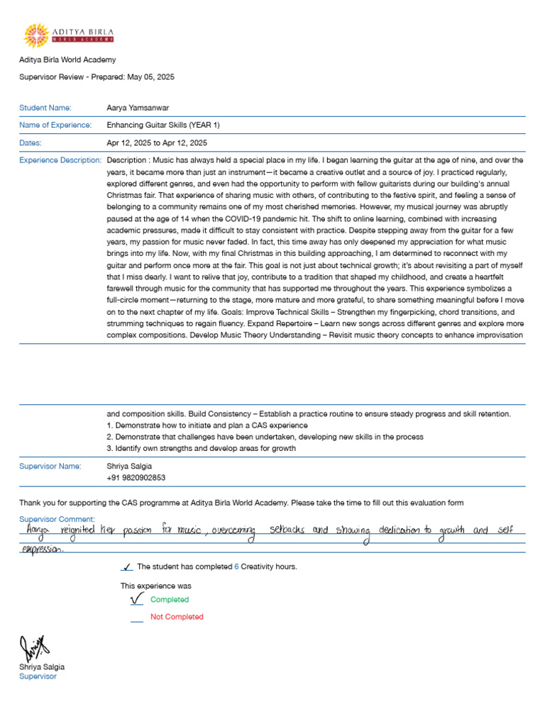 CAS Completion Form - Yamsanwar Aarya - Enhancing Guitar Skills YEAR 1 | PDF