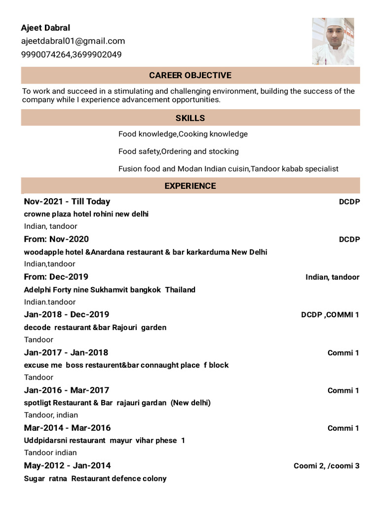 Resume_AJEET DABRAL_Format7 | PDF | Cuisine | Foods