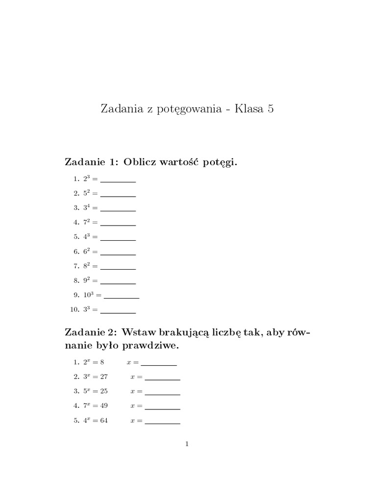 Zadania Potegowanie Klasa 5 | PDF