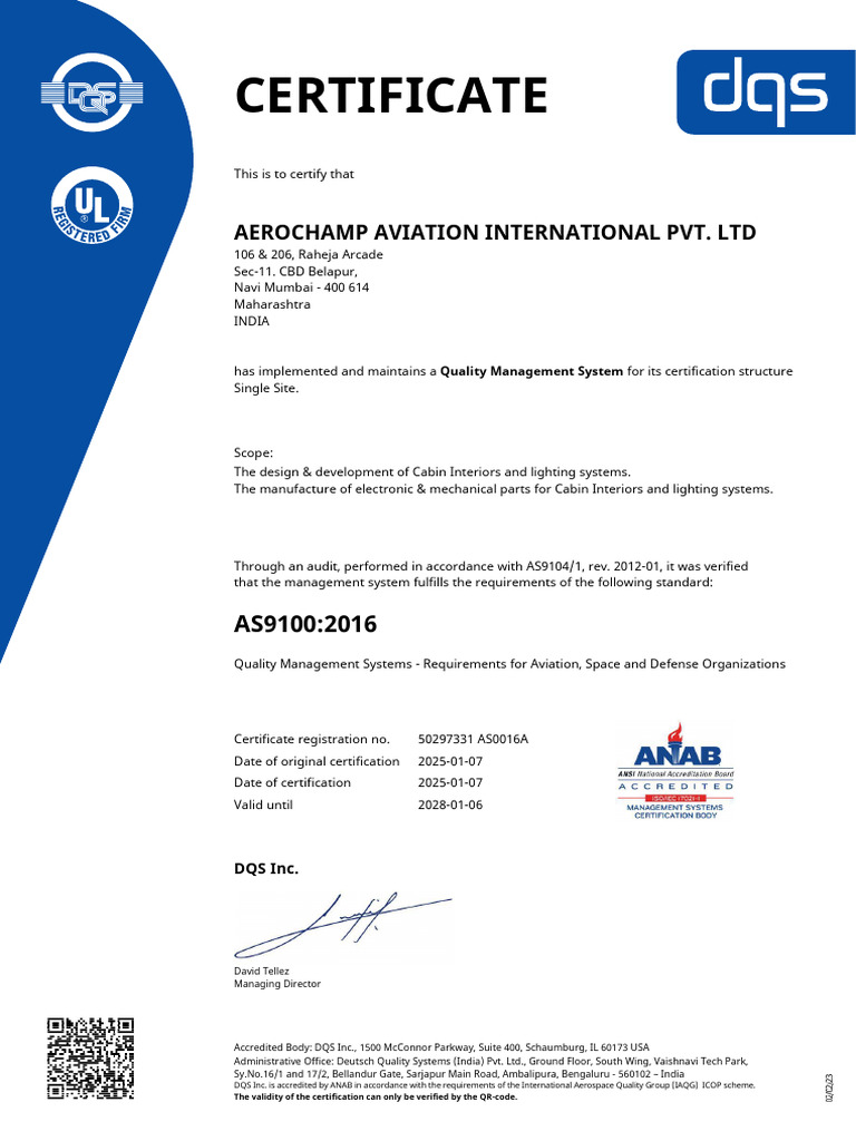 AS9100:2016 Certification for Aerochamp | PDF