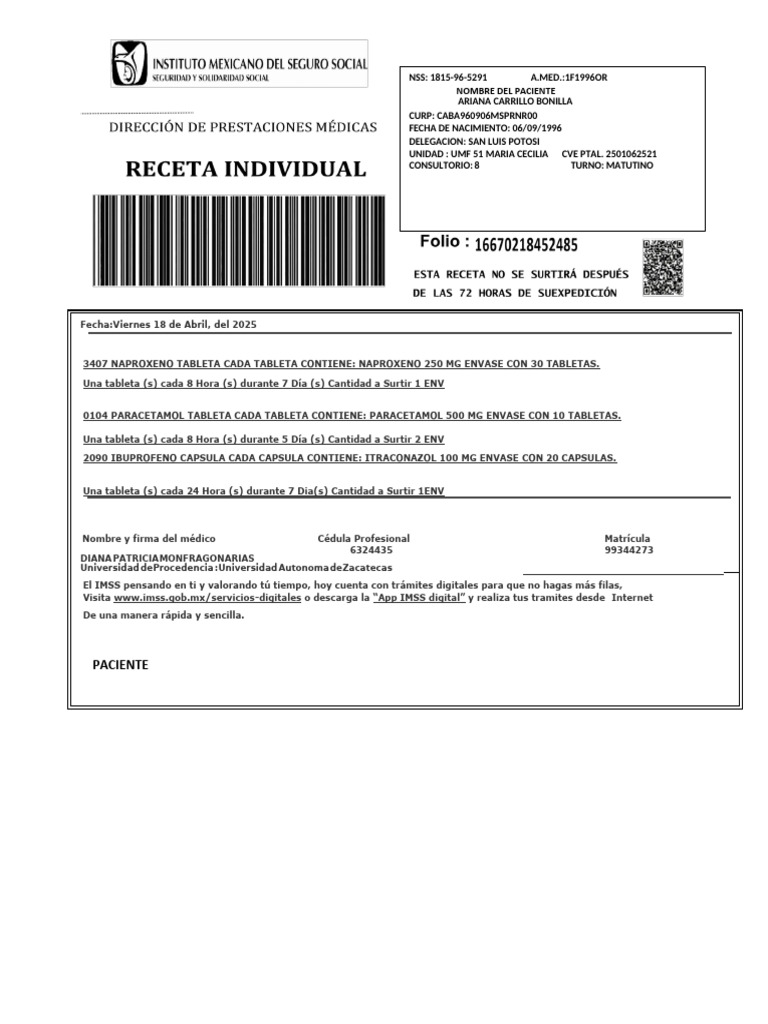 Receta Médica: Naproxeno, Paracetamol e Ibuprofeno | PDF