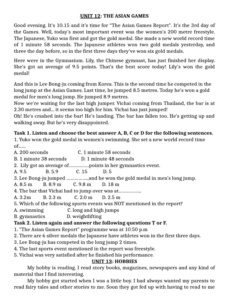 BÀI NGHE UNIT 12 13 | PDF