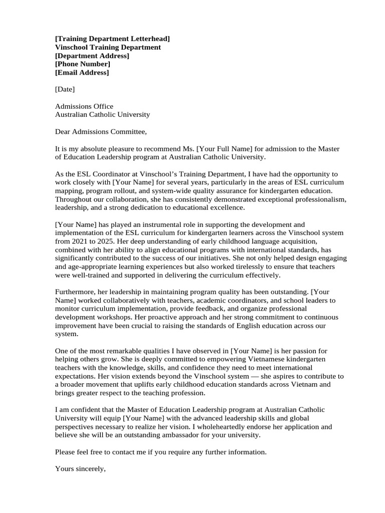 ESL Coordinator Recommendation Letter | PDF | English As A Second Or ...