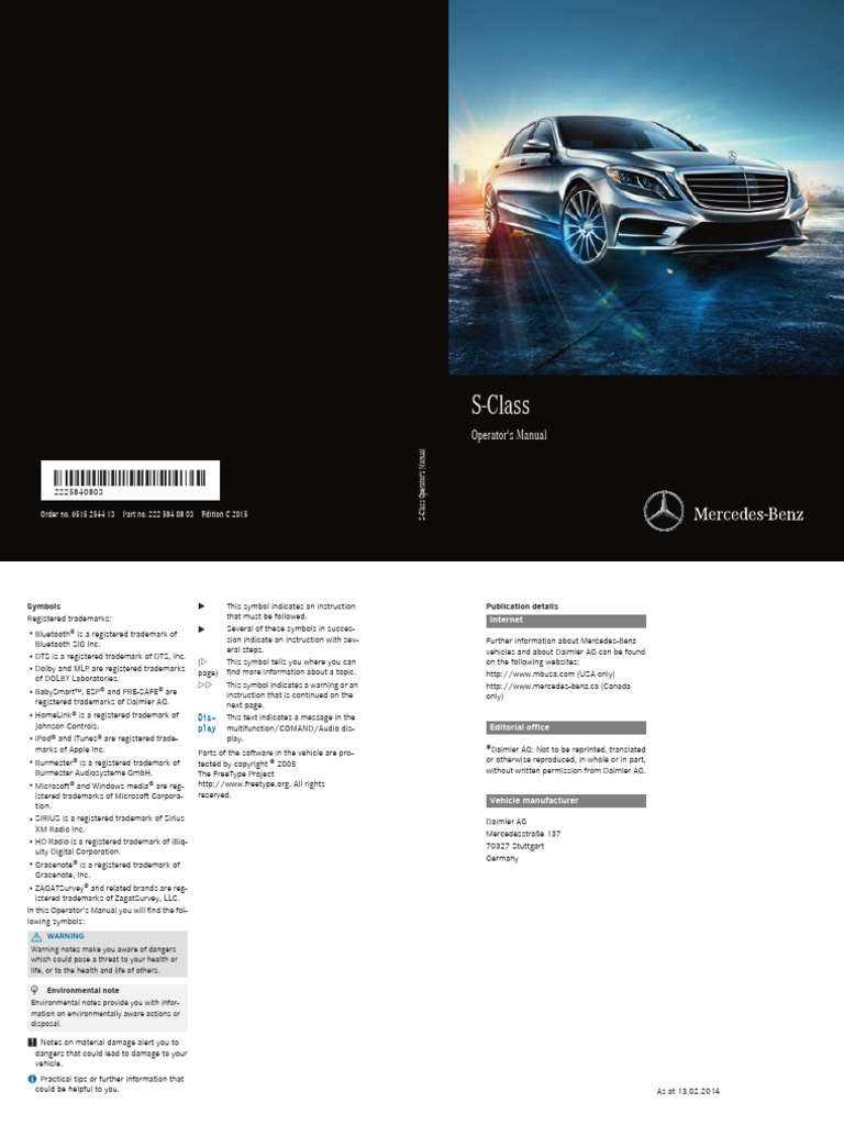 S-Class Operator's Manual 2015 | PDF | Mercedes Benz | Manual Transmission