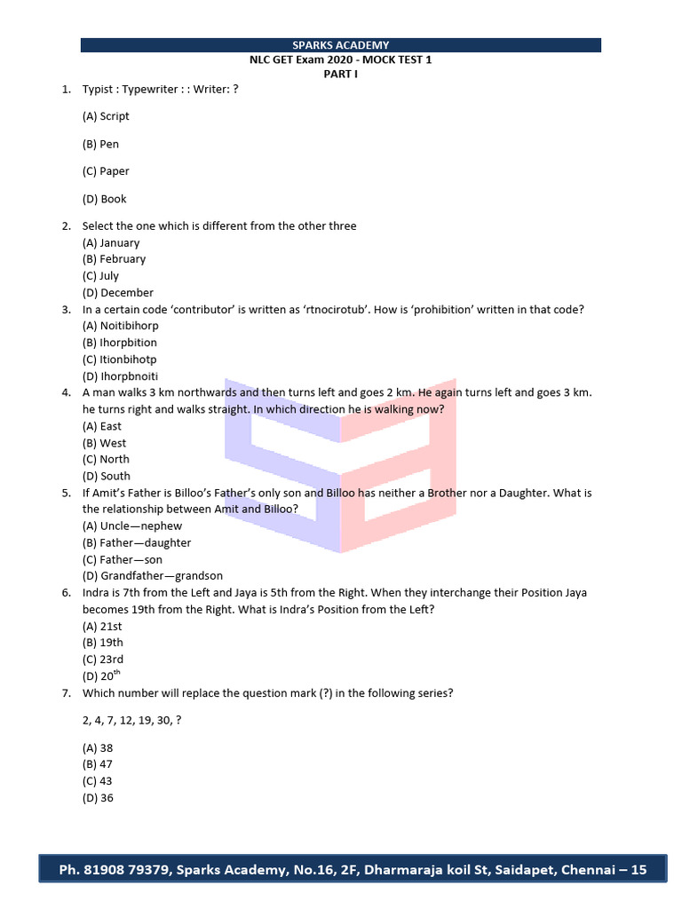 NLC GET 2020 Mock Test - Part I (Sparks) | PDF