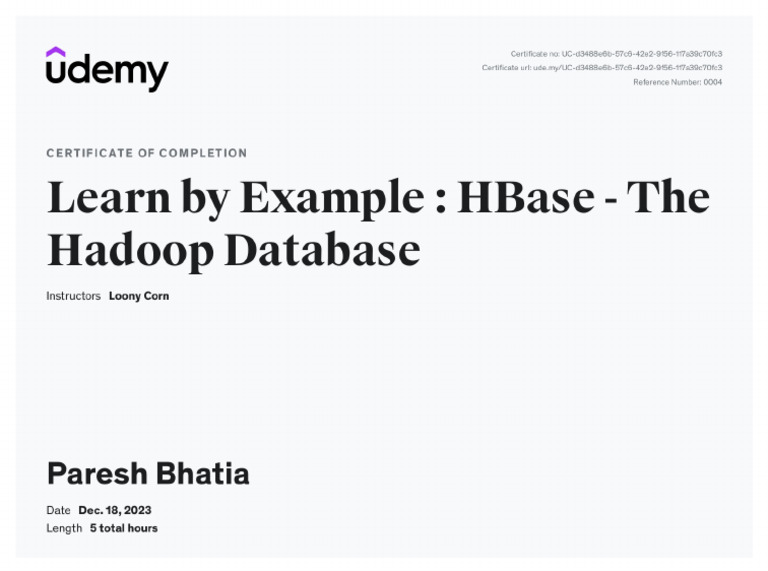 Hbase Udemy Certificate | PDF