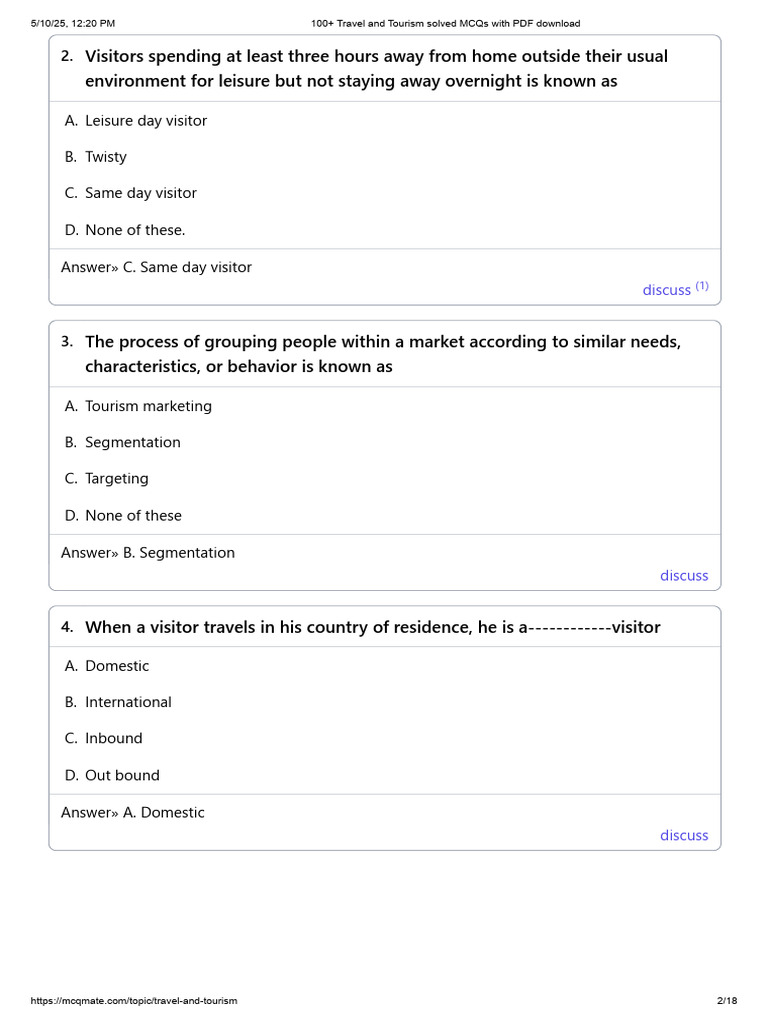 Travel and Tourism MCQs with Answers | PDF | Tourism | Economies