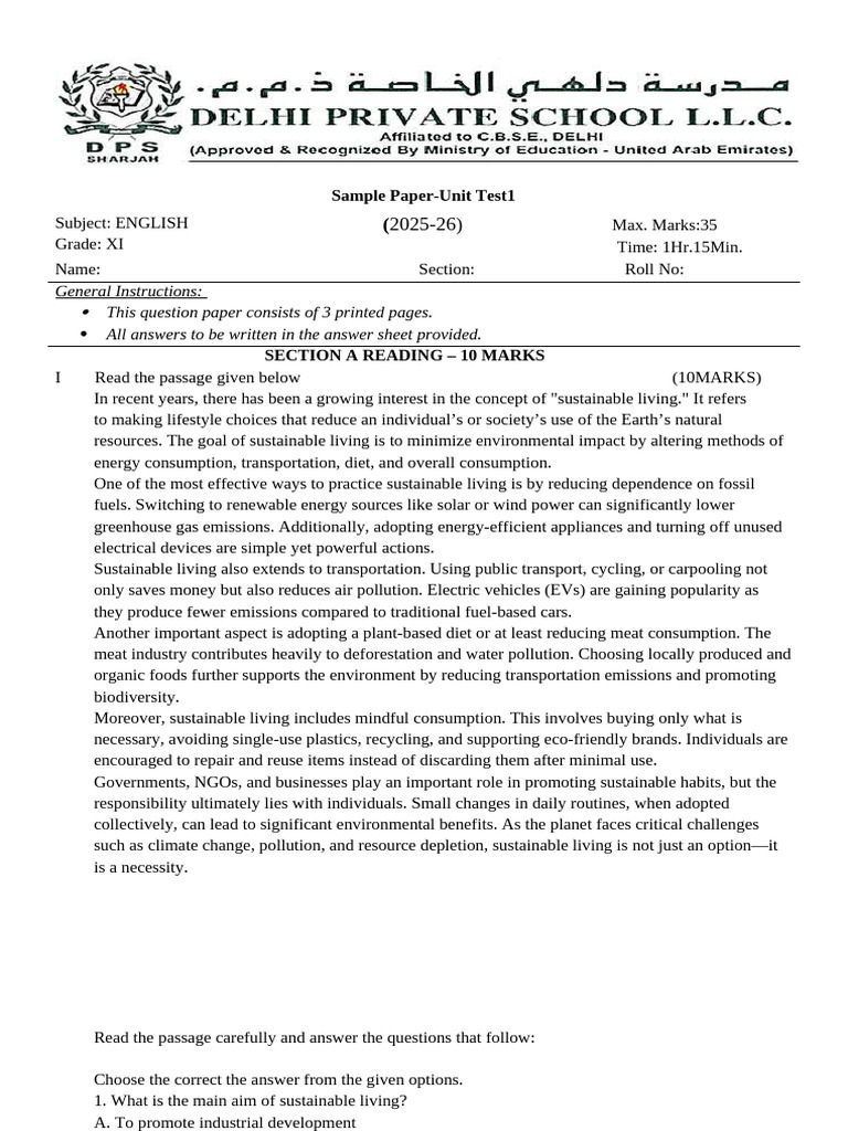 GR XI - English - UT1 - Sample Paper QP | PDF | Sustainability | Environment