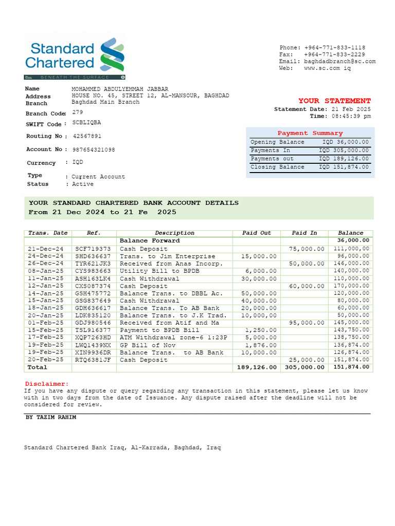 Jabbar BAGHDAD Standard Chartered Bank BD PR | PDF | Cash | Economies
