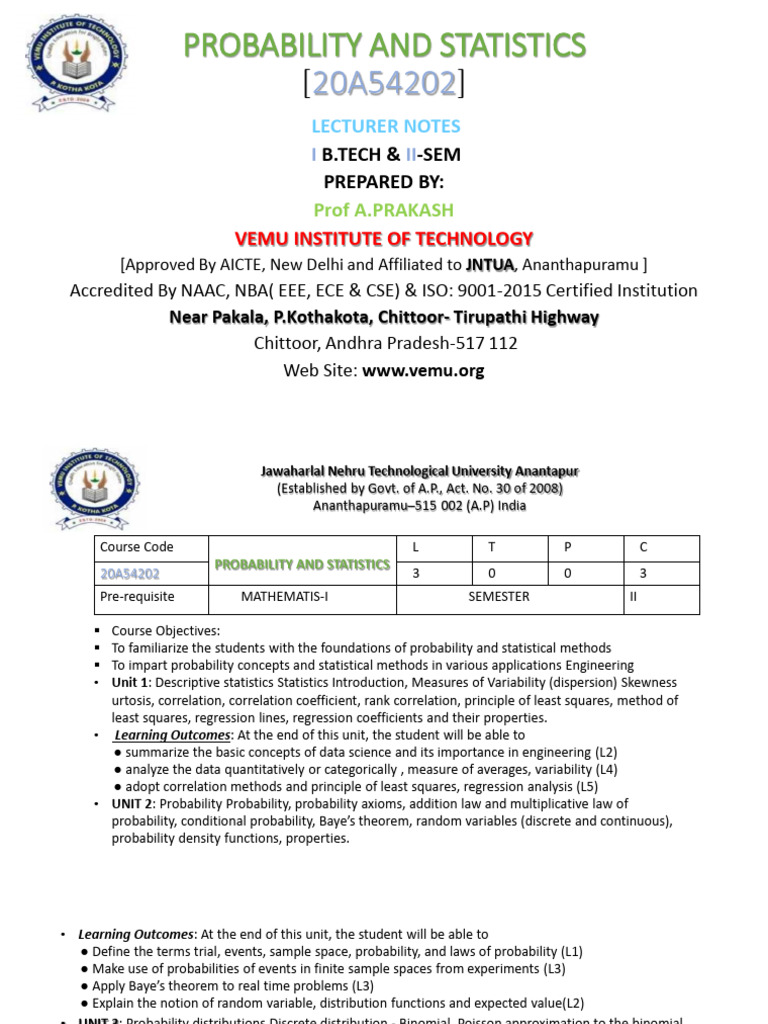 JNTUA Probability and Statistics Notes - R20 | PDF | Probability ...