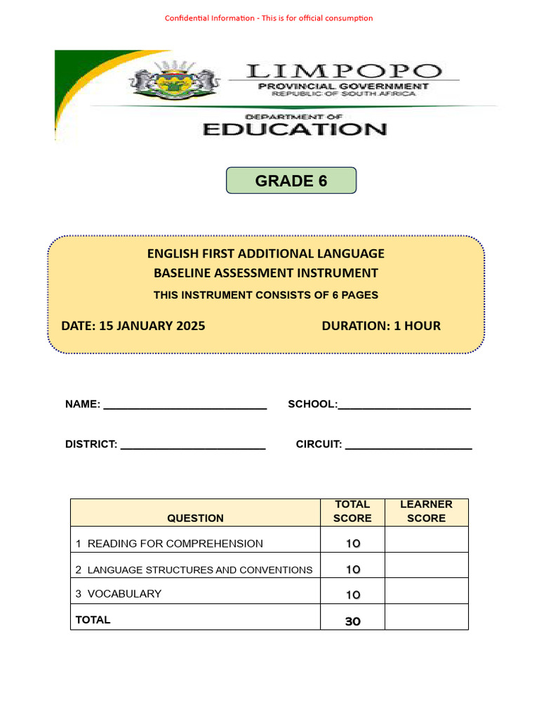 2025 Efal Grade 6 Baseline Assessment | PDF | Linguistics | Cognitive ...