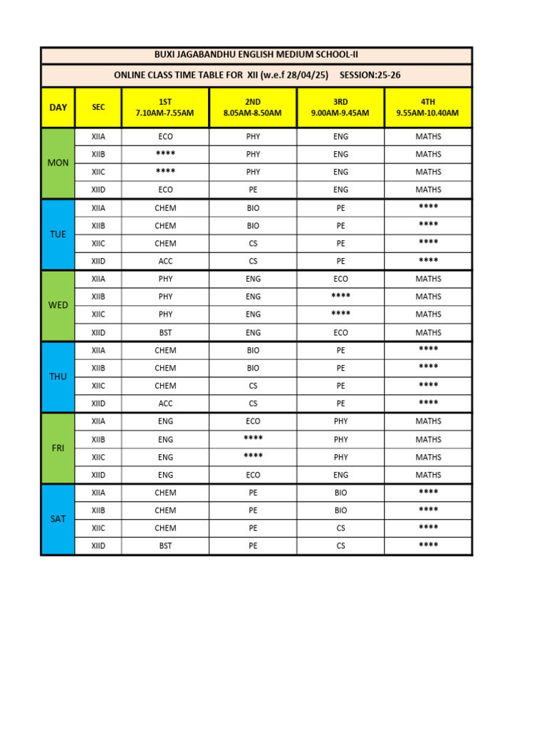 Xii Online Class Timetable | PDF