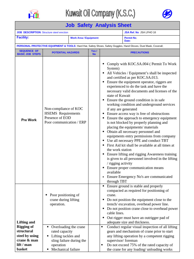 016 Steel Structure Erection JSA | PDF | Crane (Machine) | Personal Protective Equipment