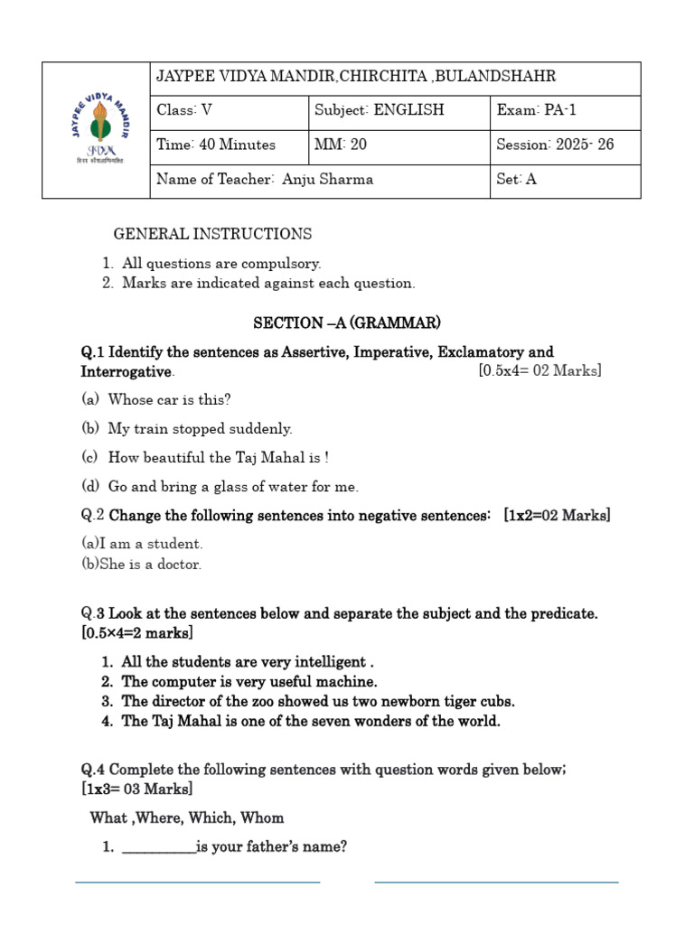 Pa-1 English Class-5th Set-A 2025-26.. | PDF