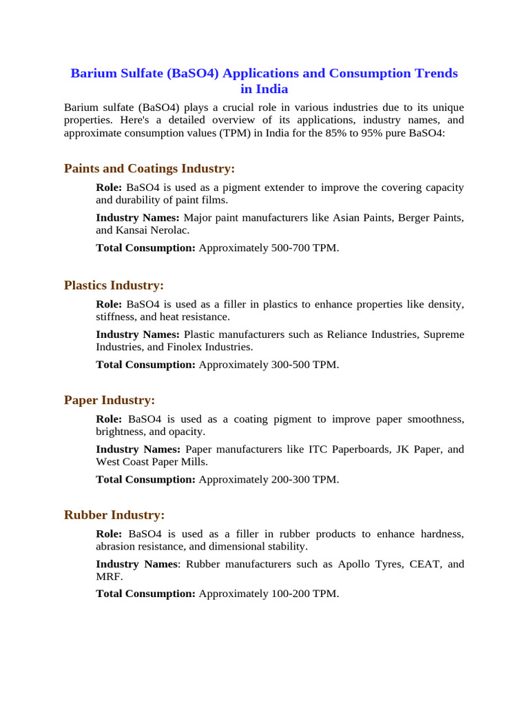 Barium Sulfate (BaSO4) Applications and Consumption Trends in India | PDF
