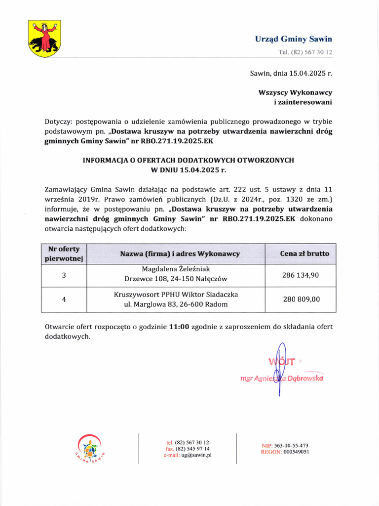 Informacja Z Otwarcia Ofert Dodatkowych | PDF