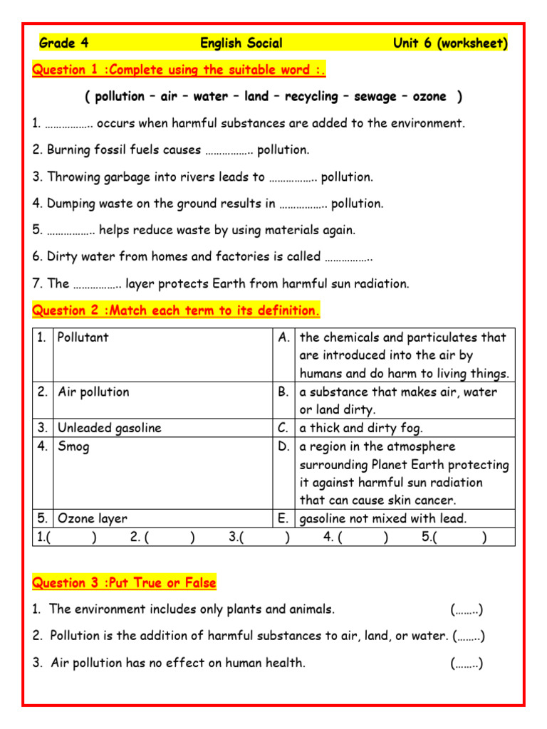 Grade 4 English Social Unit 6 Worksheet | PDF | Pollution | Waste