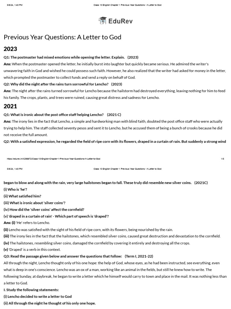 Class 10 English Chapter 1 Previous Year Questions - A Letter To God ...