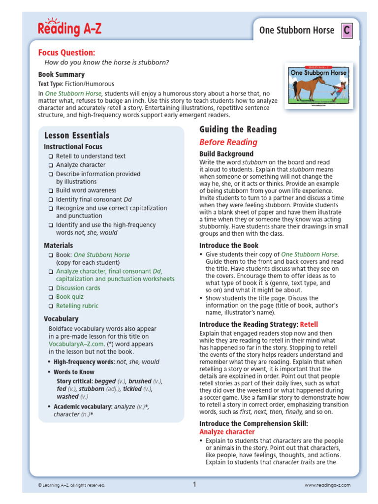 Raz lc59 Onestubbonhorse LBLP | PDF | Reading Comprehension | Learning