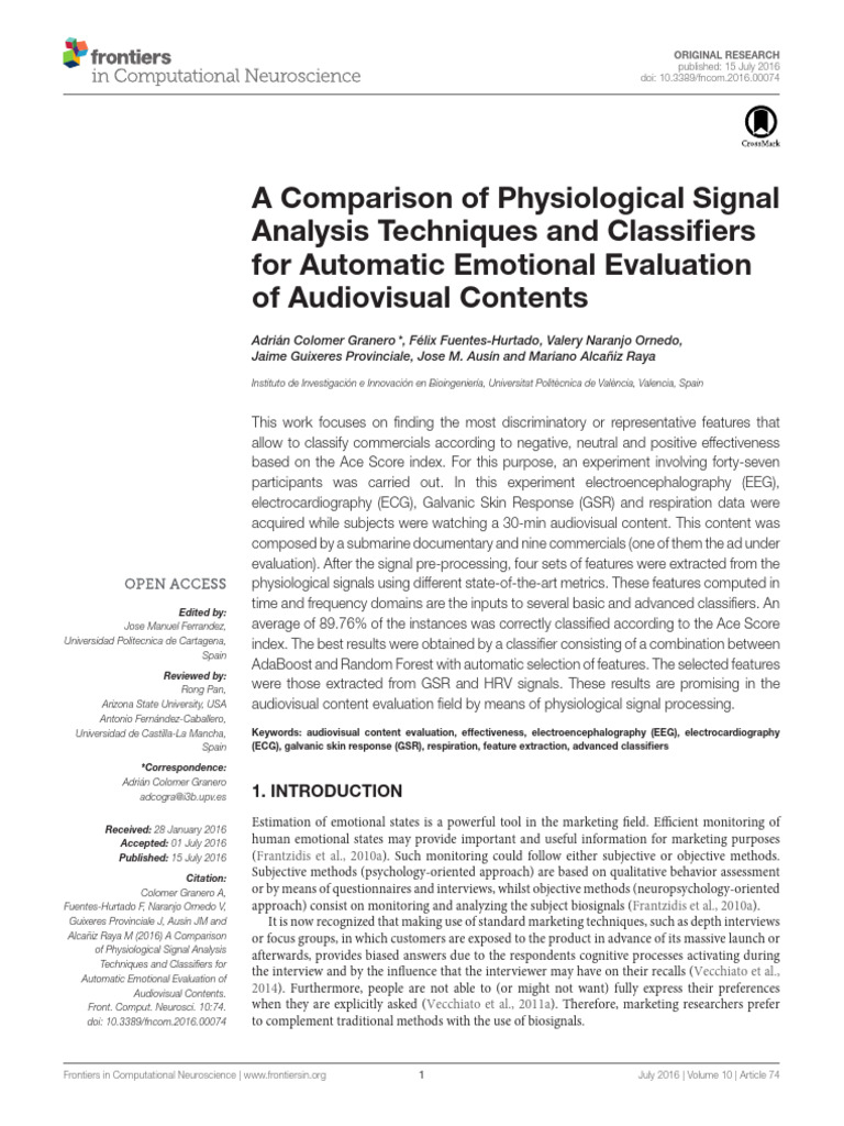 Emotional Evaluation via Physiological Signals | PDF ...