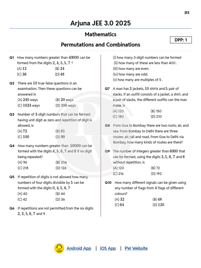 Arjuna JEE 3.0 2025: Mathematics Permutations and Combinations | PDF | Mathematics