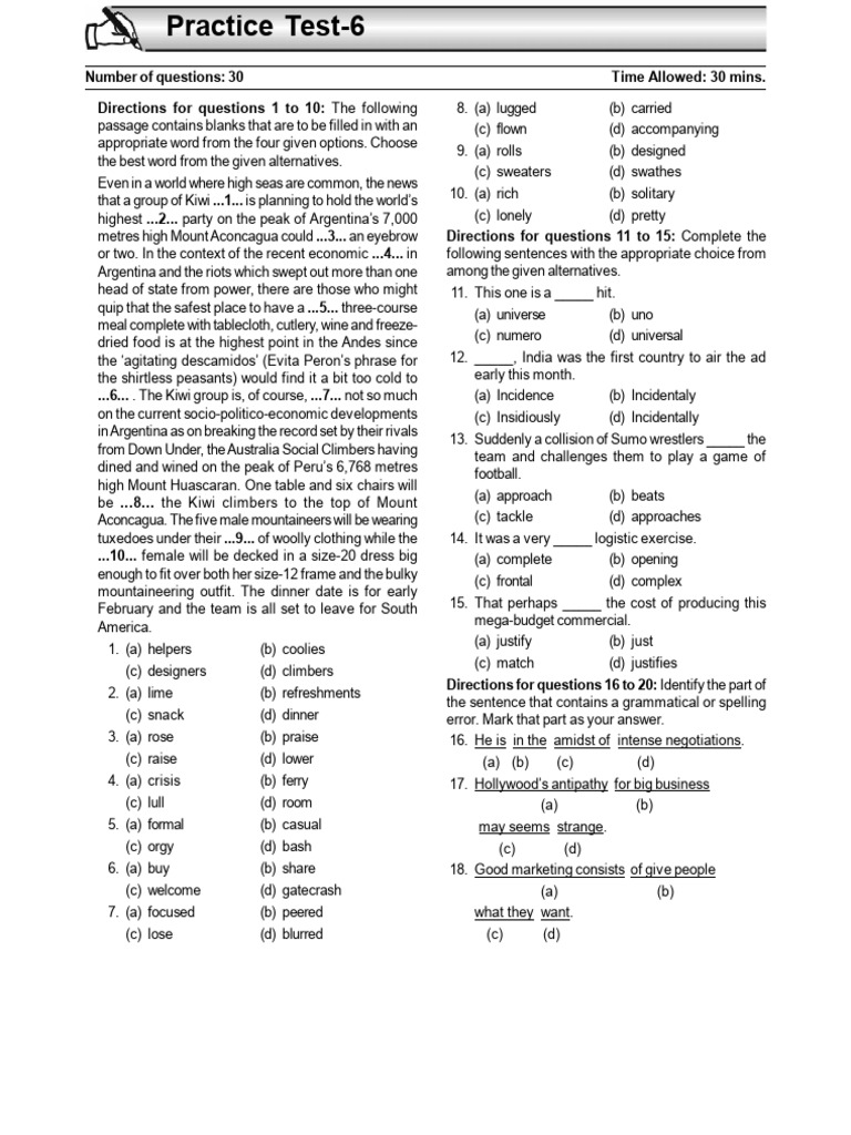 English Practice Paper 6 Pdf Verb Subject Grammar