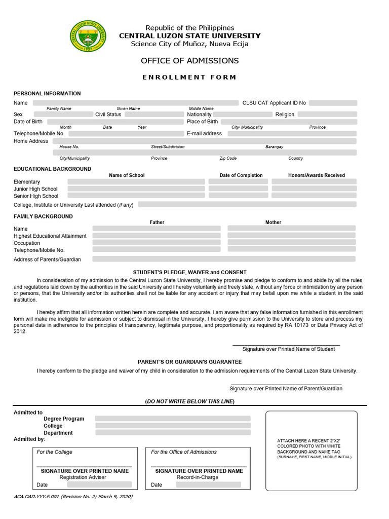 ACA.OAD.YYY.F.001 Enrollment Form | PDF | Justice | Crime & Violence